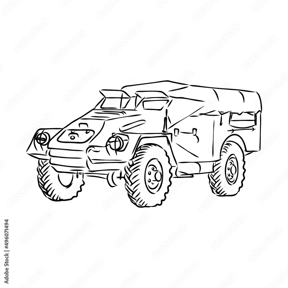 Military machinery hand drawing illustration. Armored personnel carrier ...