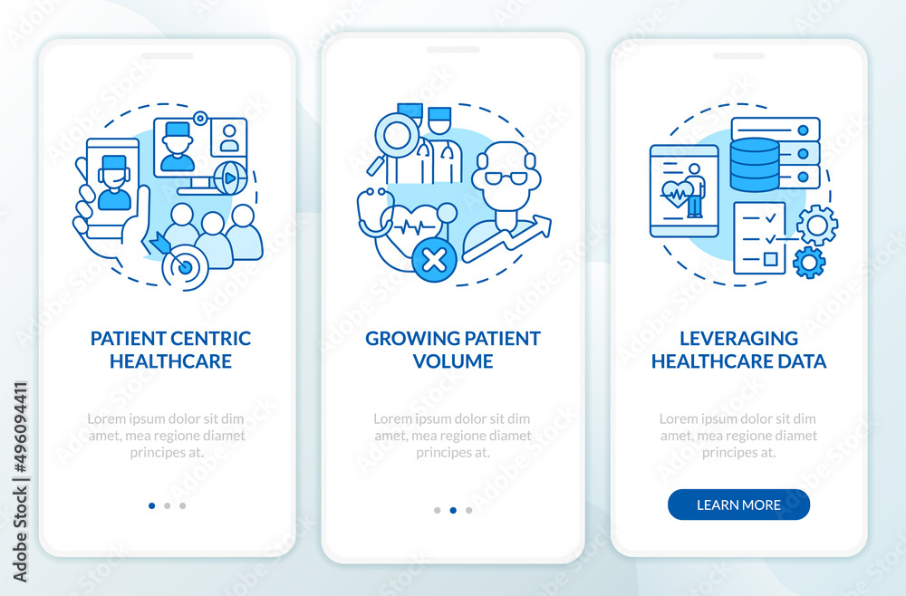 Challenges for healthcare workers blue onboarding mobile app screen ...
