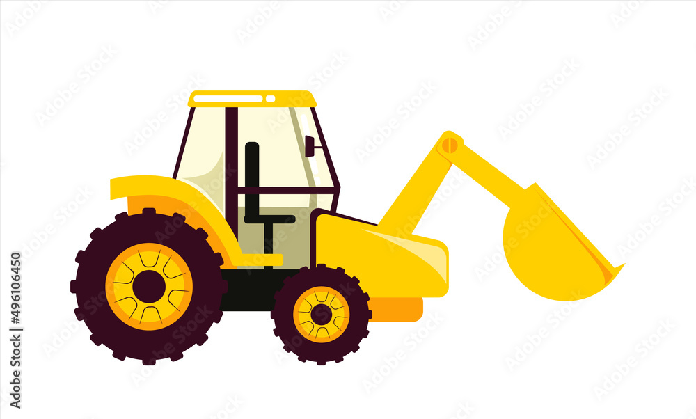 Yellow tractor with bucket. Vector illustration in cartoon flat style ...