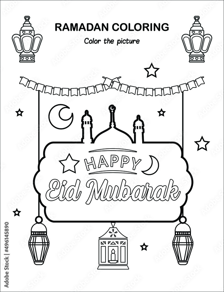 Happy EId Mubarak elements Ramadan Children Coloring book pages ...