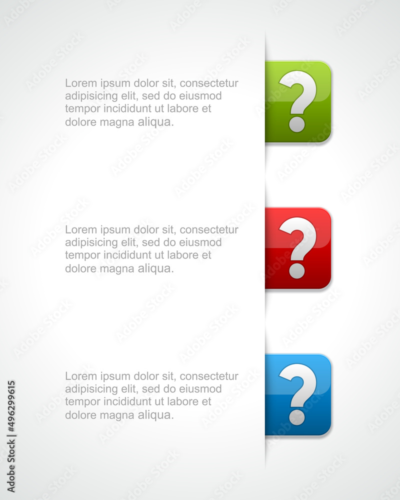 Test infographic columns with questions vector template. Red banner ...