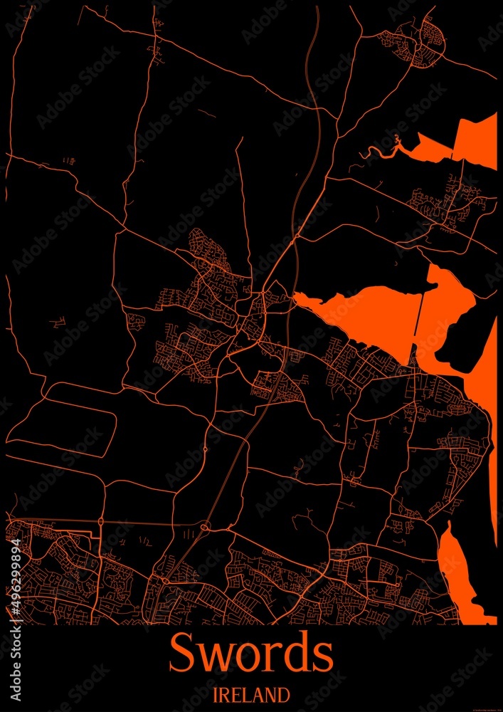 Black and orange halloween map of Swords Ireland.This map contains ...