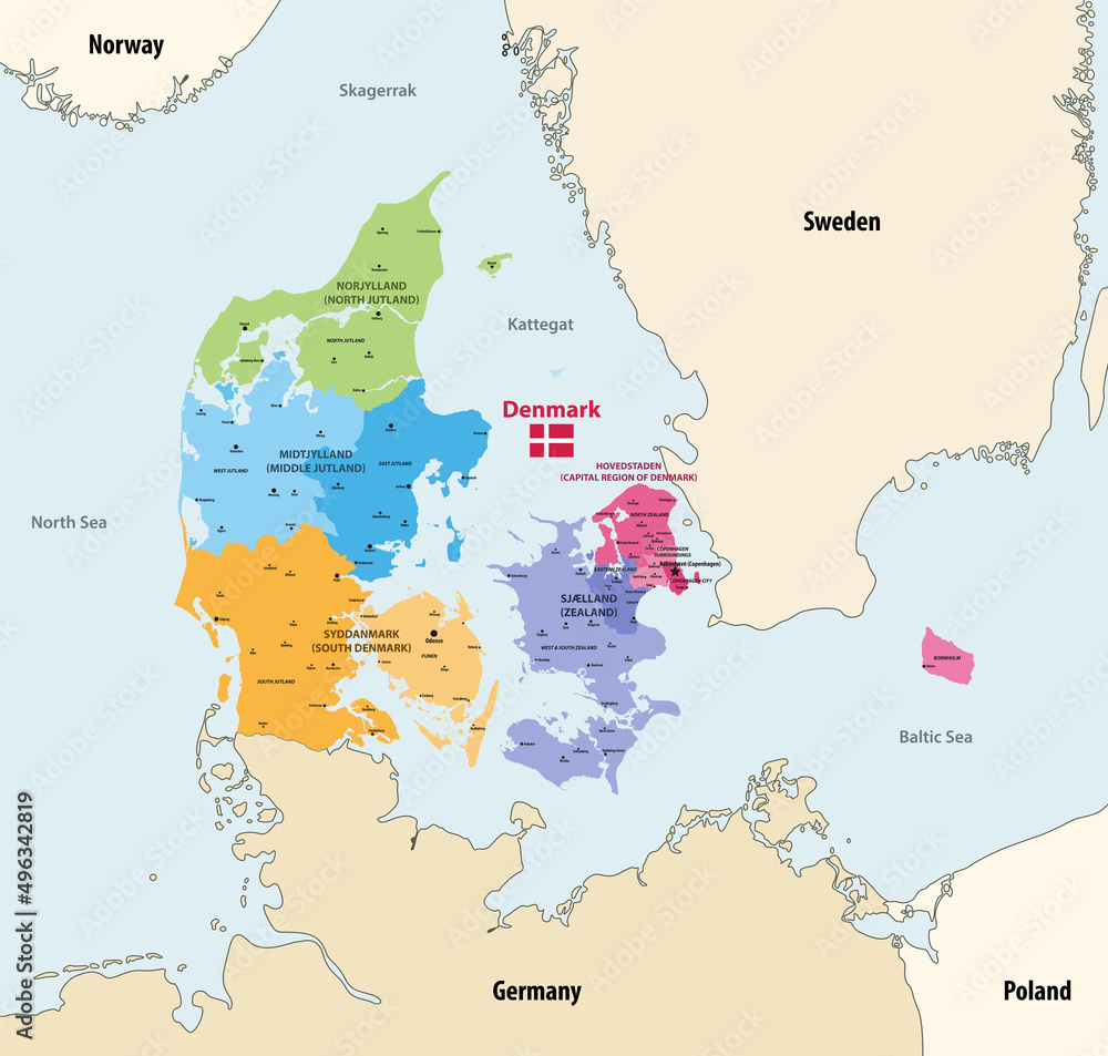 Denmark regions vector map with main cities and with neighbouring ...