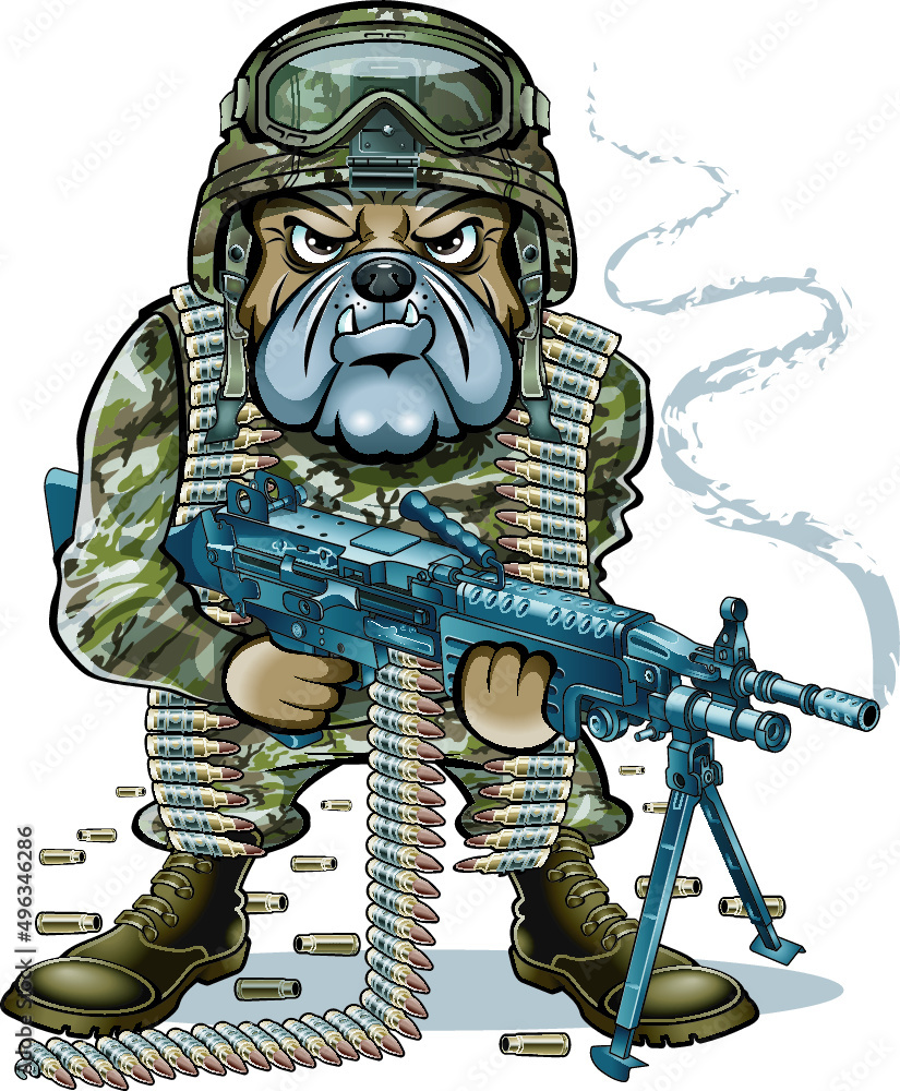 bull dog wearing military helmet and uniform holding light machine gun ...