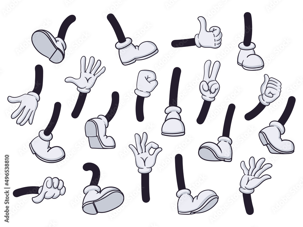Cartoon mascot legs and hands, comic book character doodle objects ...