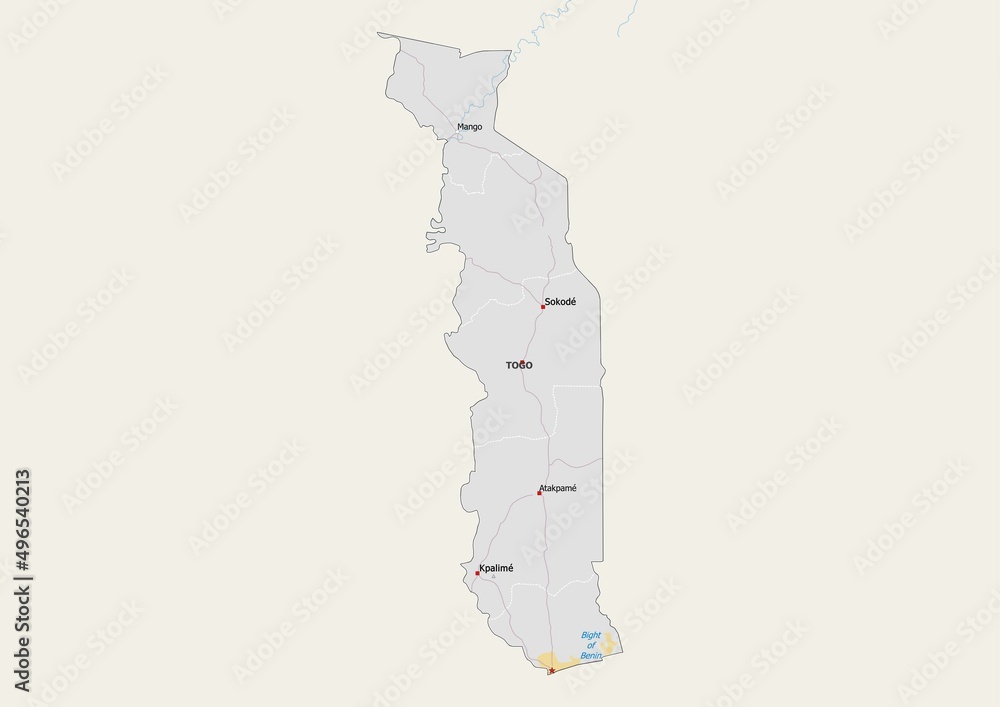 Isolated map of Togo with capital, national borders, important cities ...