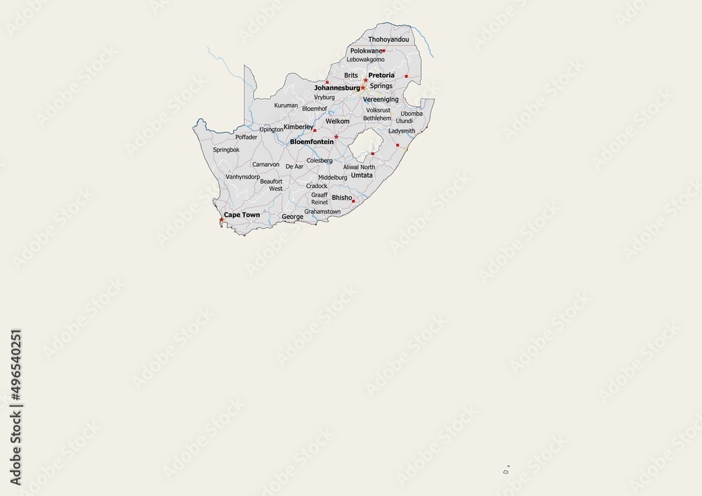 Isolated map of South Africa with capital, national borders, important ...