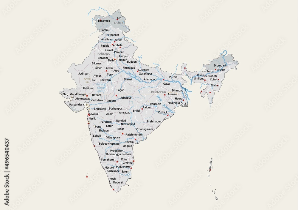 Isolated map of India with capital, national borders, important cities ...