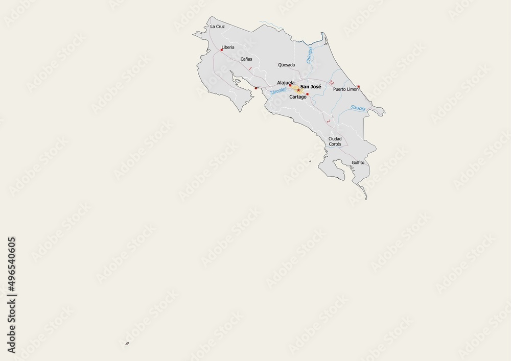 Isolated map of Costa Rica with capital, national borders, important ...