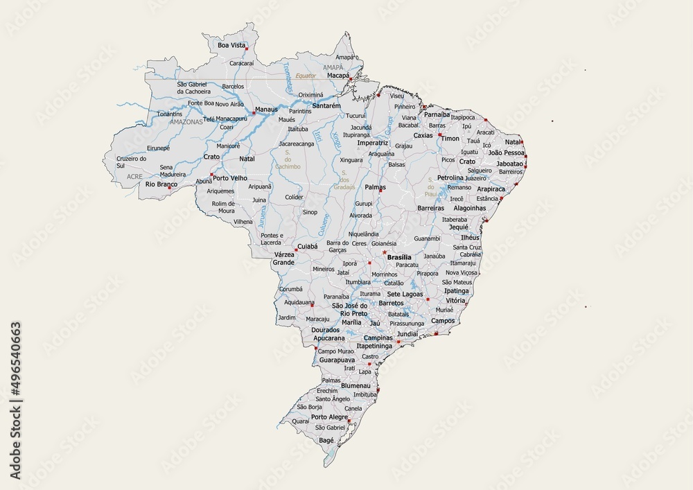 Isolated map of Brazil with capital, national borders, important cities ...
