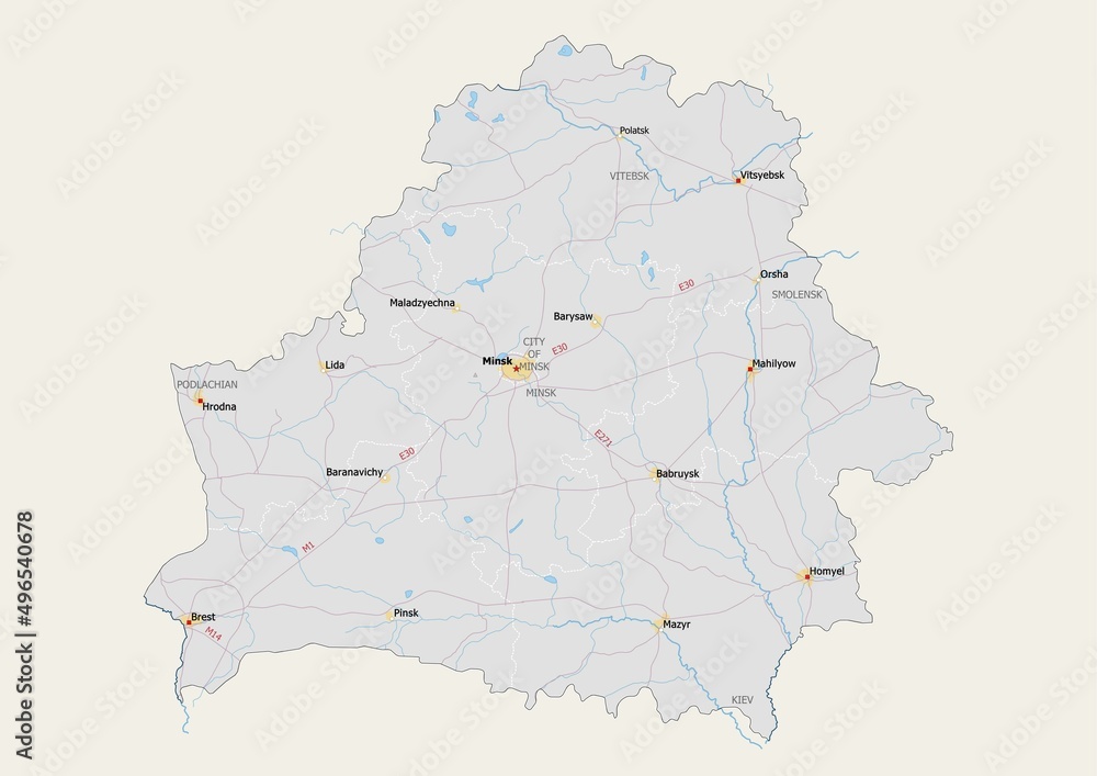Isolated map of Belarus with capital, national borders, important ...