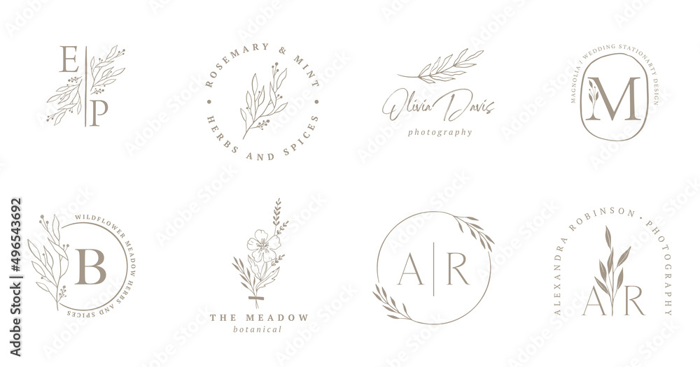 Elegant, botanique logo collection, hand drawn illustrations of flowers ...