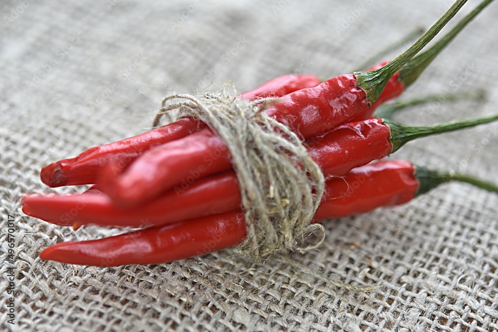 red chili pepper in a bunch tied with a harsh thread of twine on a ...
