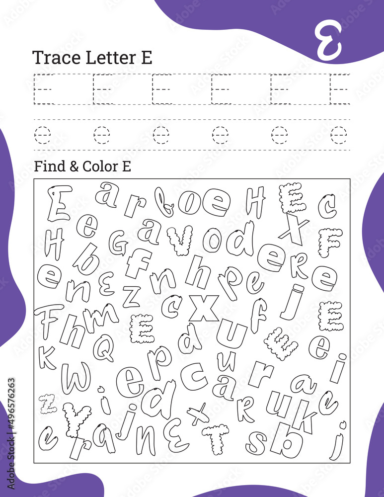 English alphabet letter E tracing line printable worksheet with cute ...