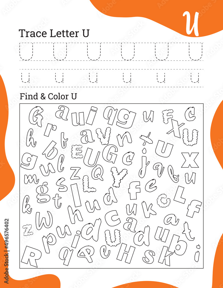 English alphabet letter U tracing line printable worksheet with cute ...