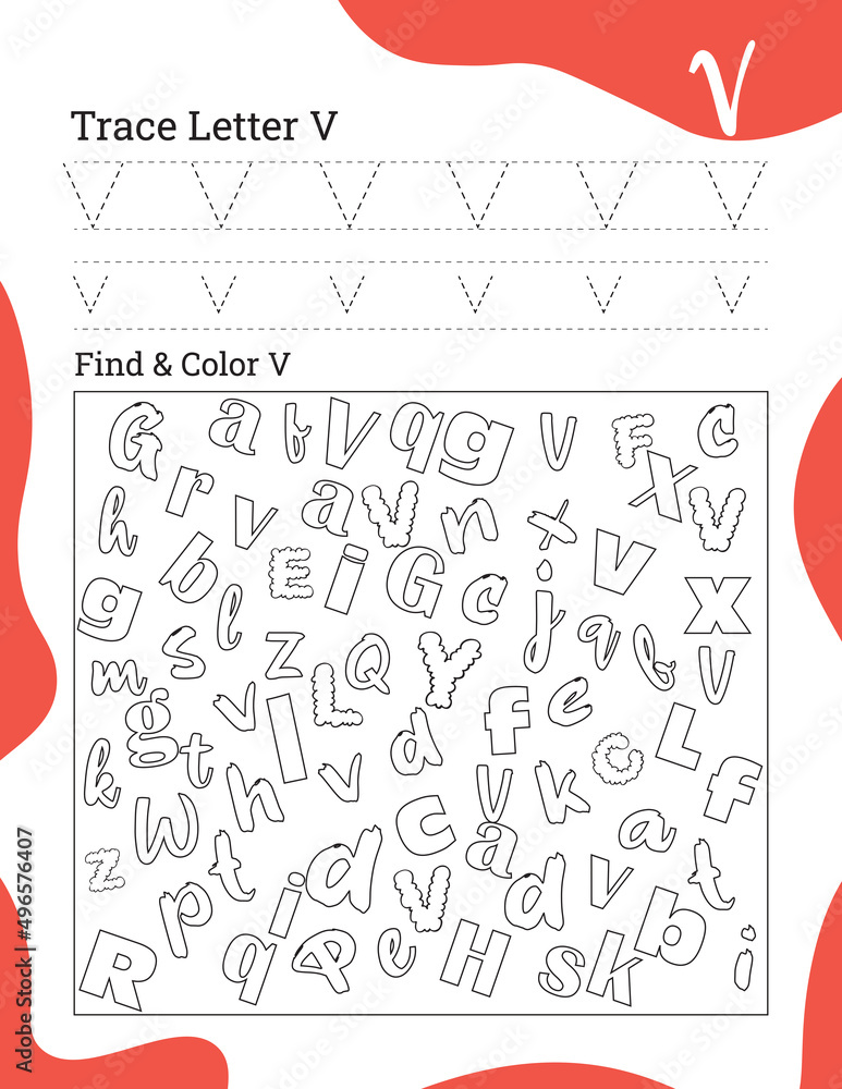 English alphabet letter V tracing line printable worksheet with cute ...