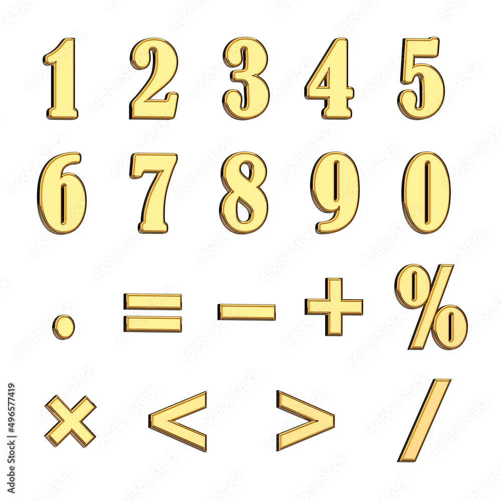 Numerical letters with percentage symbol, plus, minus, equals, and a ...
