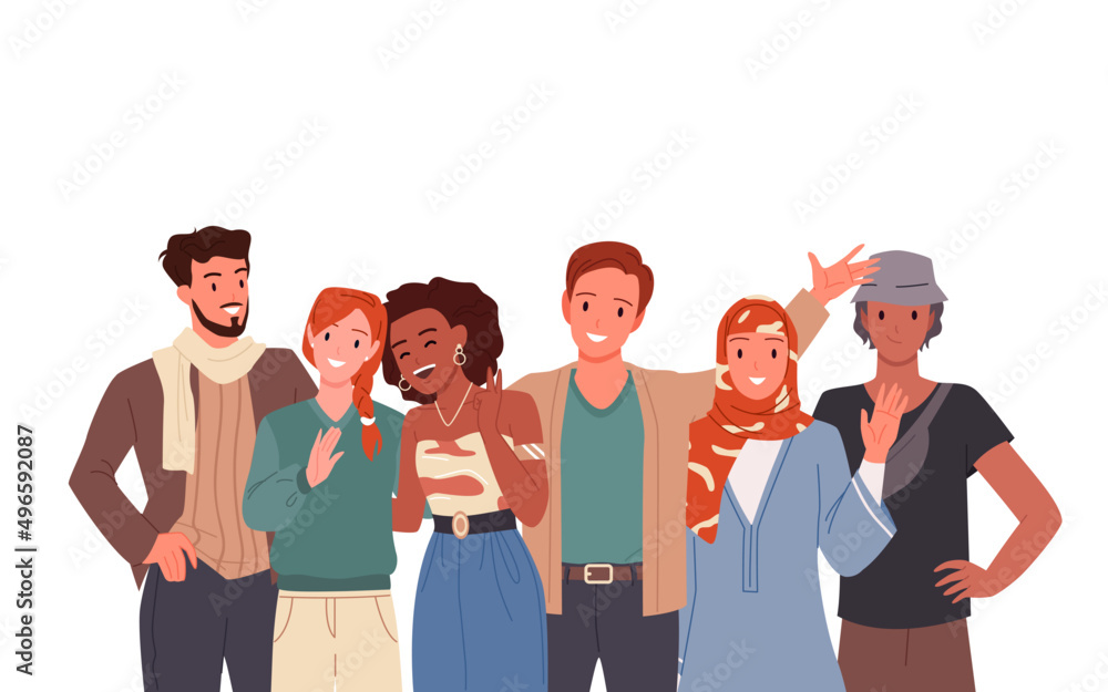 Diverse group of happy people standing together vector illustration ...