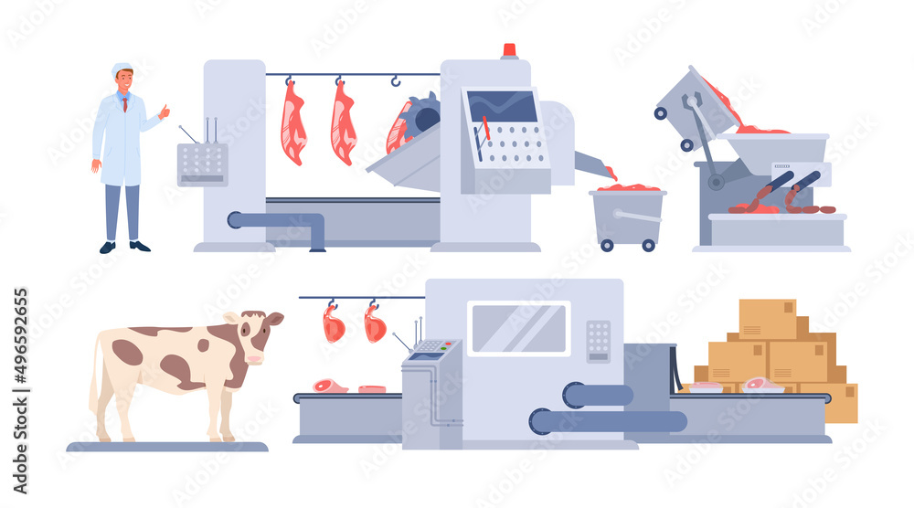 Beef manufacture factory production. Meat industry system, automated ...