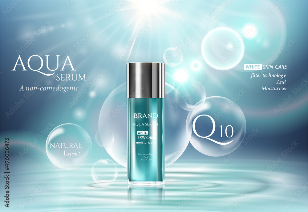 Aqua skin care cosmetic ad promoting poster template. Underwater blue ...