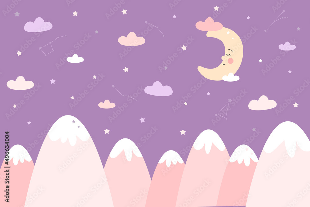 Mountains, stars and moon are drawn doodles in scandinavian style ...