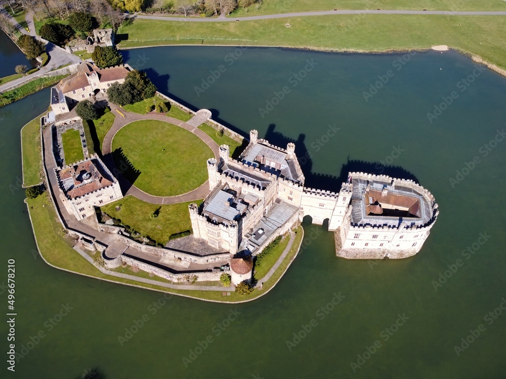 Aerial drone. Leeds Castle in Maidstone, Kent, England. It is built on ...