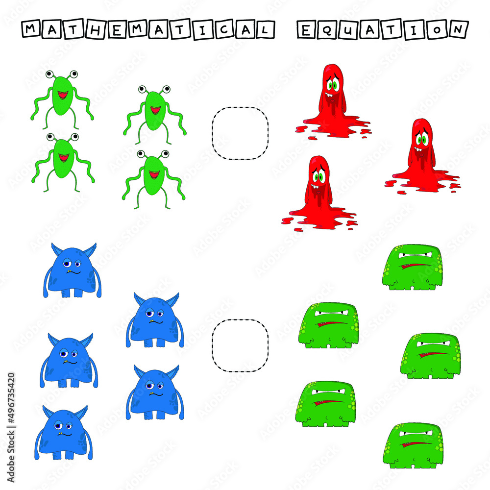 Which is greater, less or equal game with funny monsters. Worksheet for ...