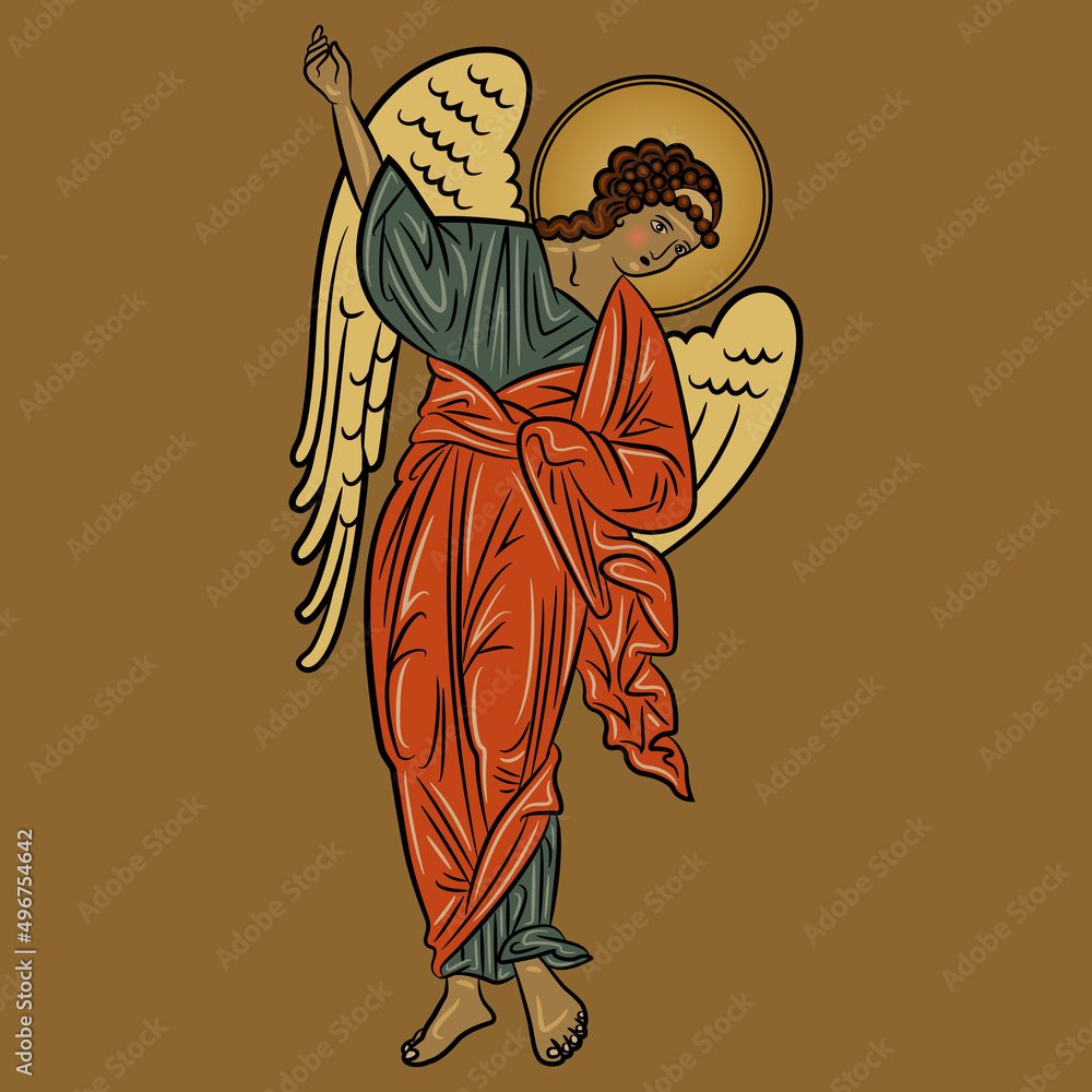 Winged medieval angel pointing up. Russian Orthodox Christian design ...