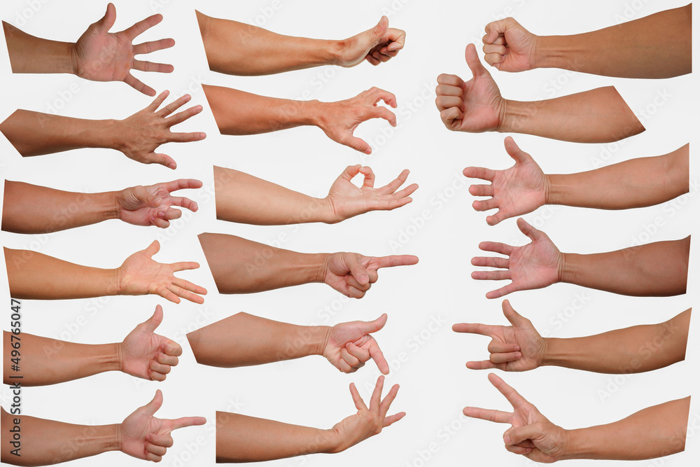 Set of pictures of several male hands showing different, yellow skinned ...