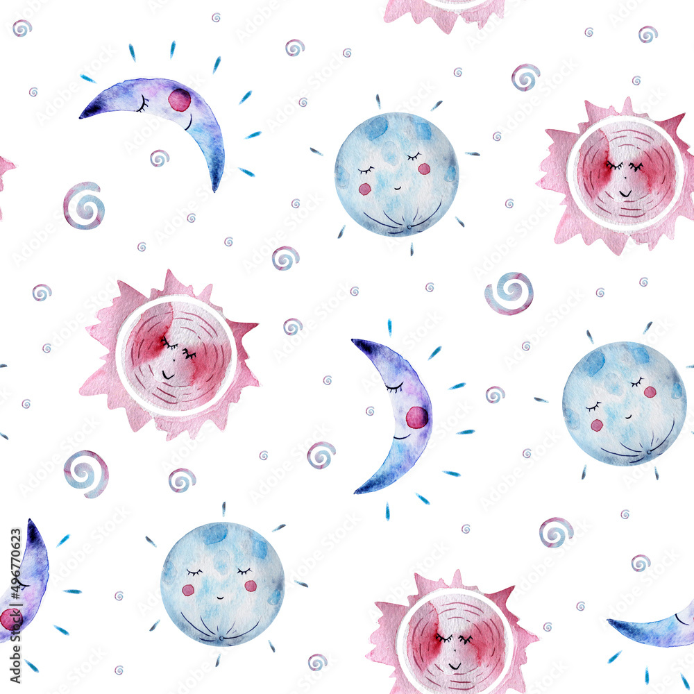 Sun, moon and moon watercolor illustration handwritten. Template for ...