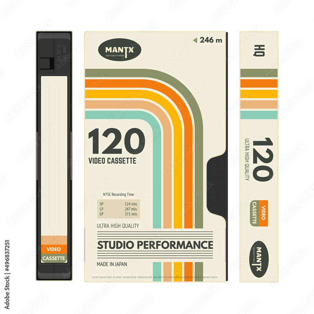 Retro style VHS video cassettes front view with label and cover, cover ...