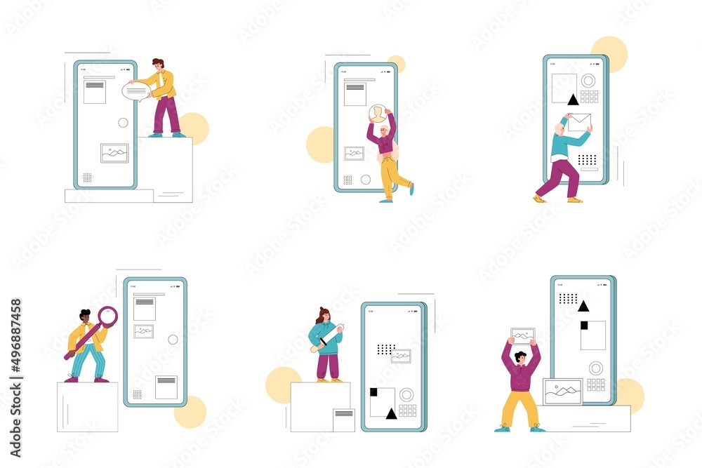 UI and UX designing process, characters creating mobile app interface ...