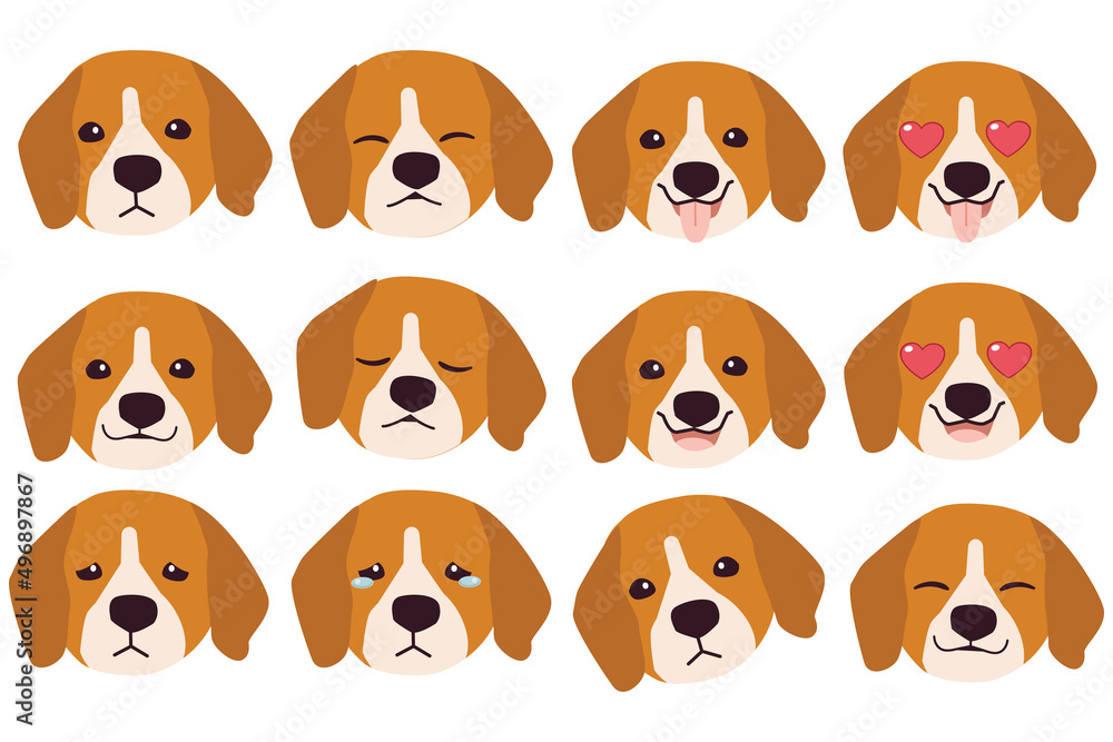 Set of beagle dog emotions. Funny Smiling and angry, sad and delight ...
