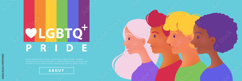 LGBTQ plus PRIDE vector banner with portraits of diverse people for ...
