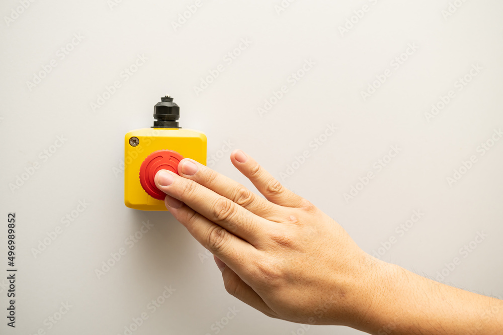 Stop Red Button and the Hand of Worker About to Press it. emergency ...