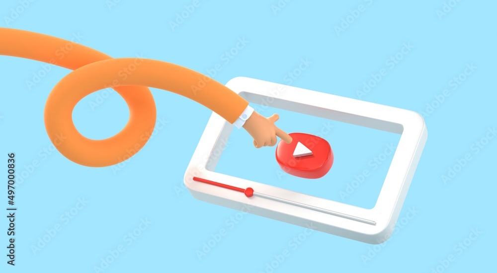 Cartoon long hand push red button on video player interface. Finger ...
