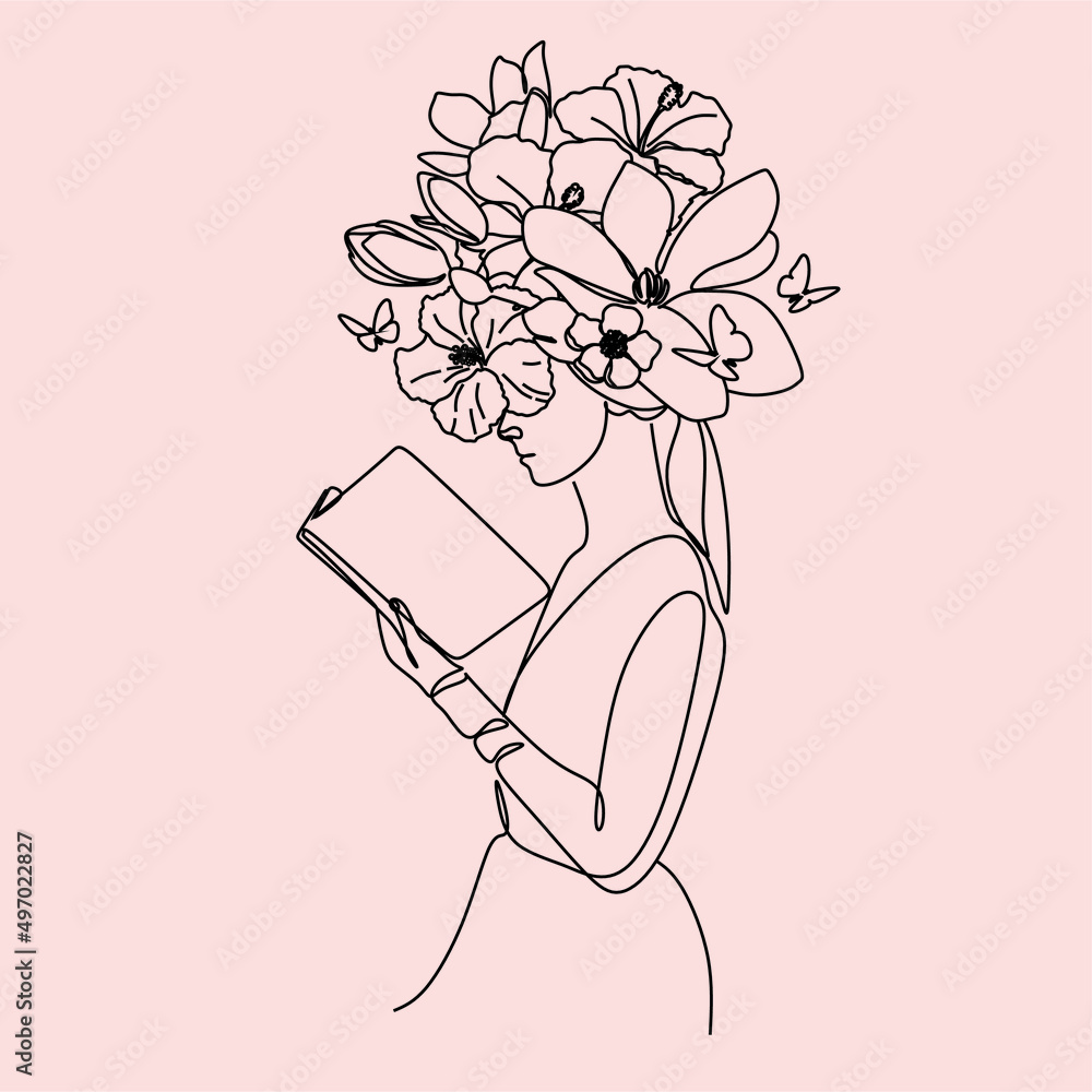 Reading Line art Minimalist Vector Illustration/ Woman with a book ...