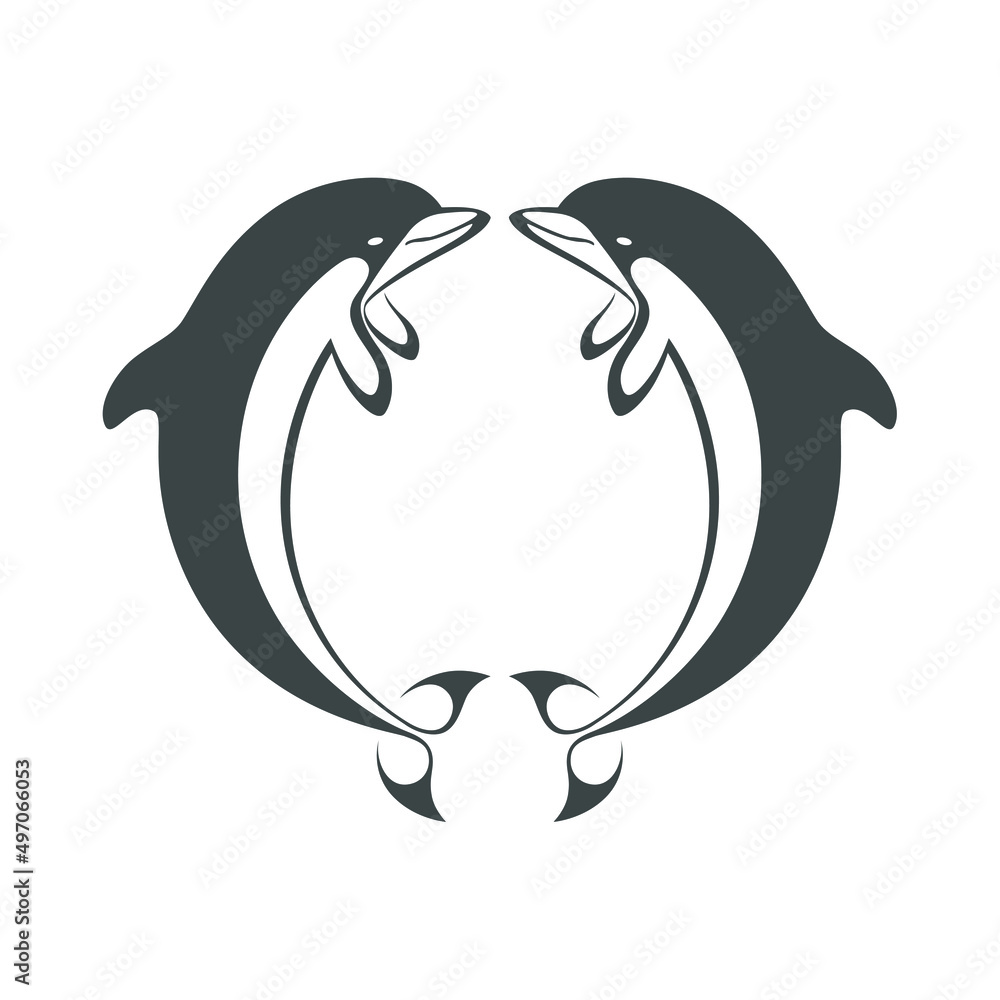 Two dolphins graphic icon. Jumping dolphins as sea life symbol. Sign ...
