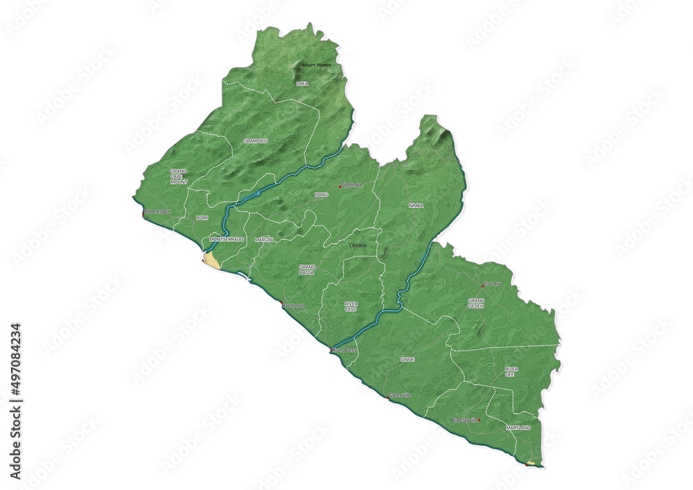 Isolated map of Liberia with capital, national borders, important ...