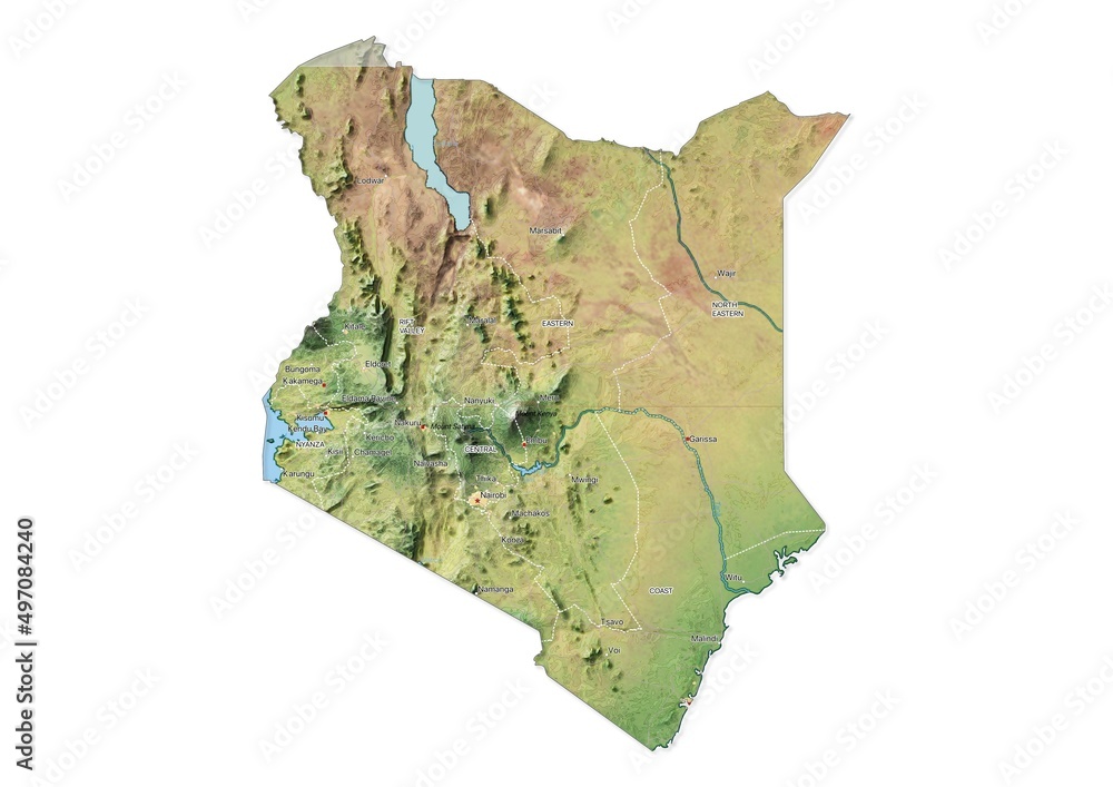 Isolated map of Kenya with capital, national borders, important cities ...