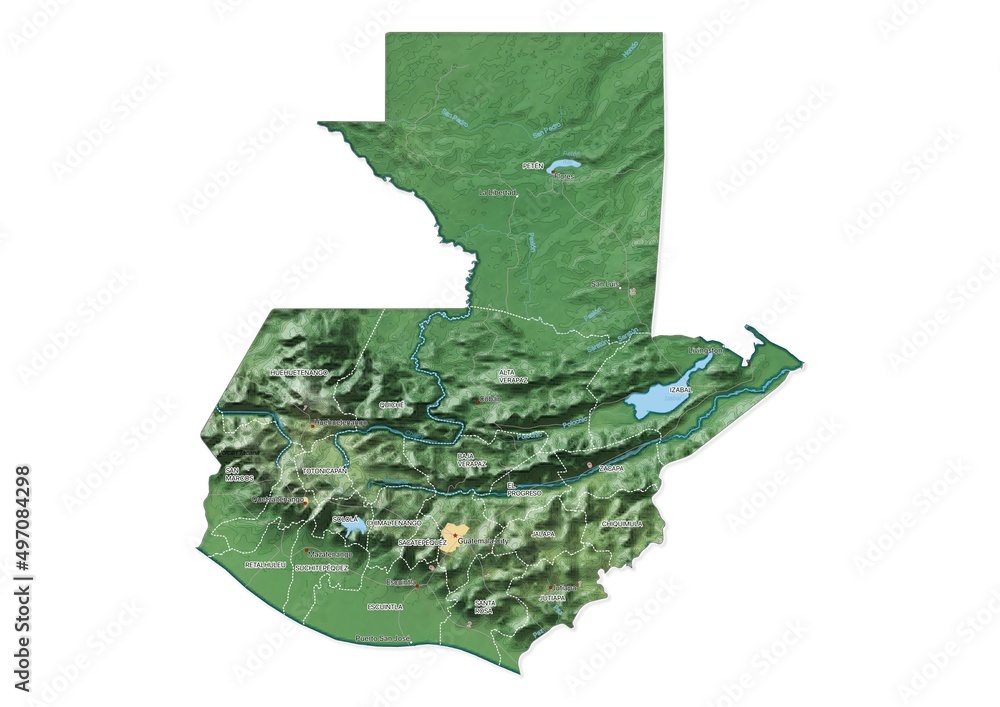 Isolated map of Guatemala with capital, national borders, important ...
