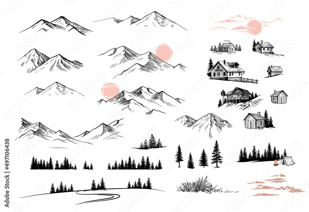 Mountain landscape big set drawing vector. Stock Vector | Adobe Stock
