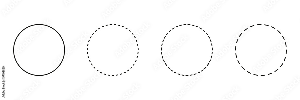 Line dotted circle route set. Round spotted elements. Dots linear path ...
