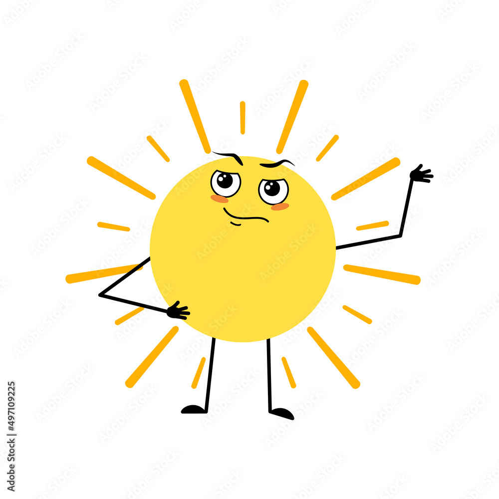 Cute sun character with emotions of hero, brave face, arms and leg ...