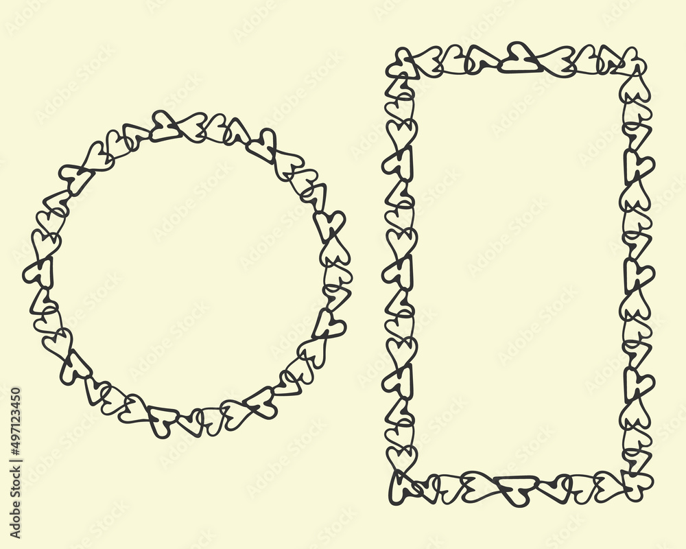 Decorative heart frames set, circle, rectangle geometrical shapes. Hand ...