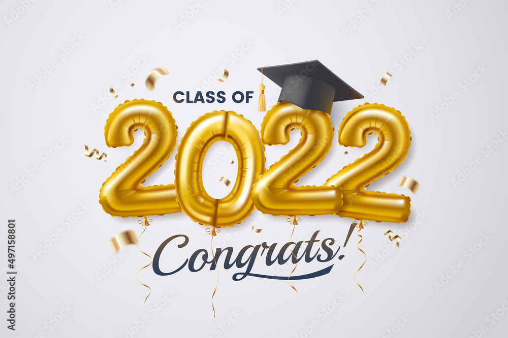Class of 2022. Congratulation graduates. Greeting card design with gold ...