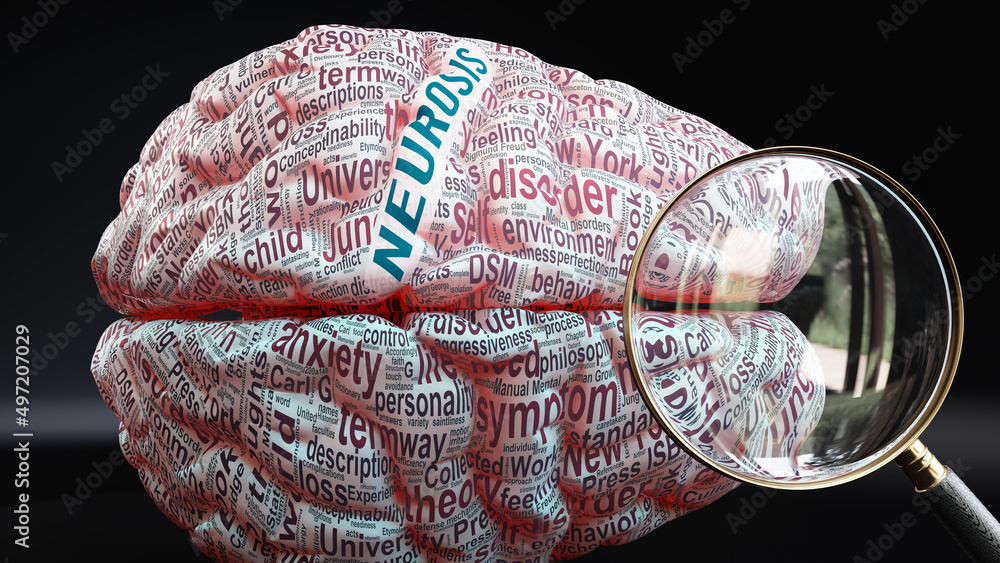 Neurosis in human brain, a concept showing hundreds of crucial words ...