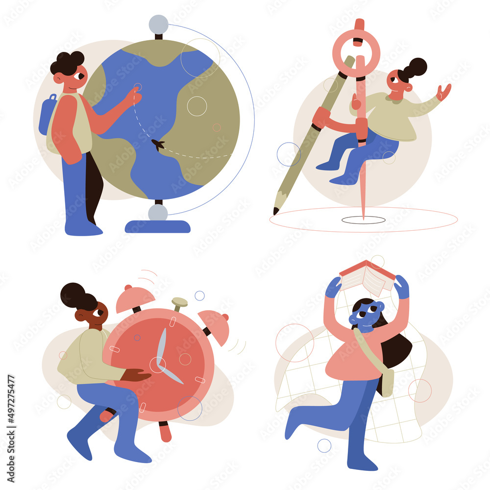 Set vector flat cartoon illustrations. Illustrations on a school theme ...