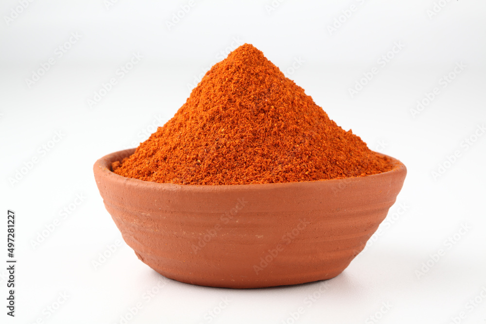 Indian spices, red chilli powder in a terracotta bowl Stock Photo ...