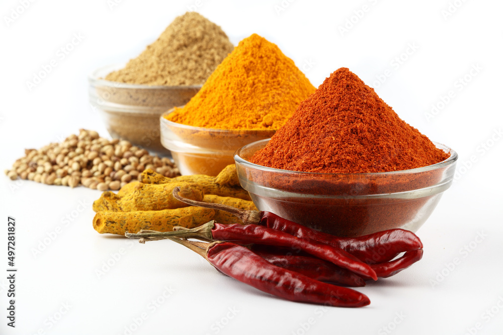spices,Indian spices, color full spices in glass bowls Chilee,Turmeric ...
